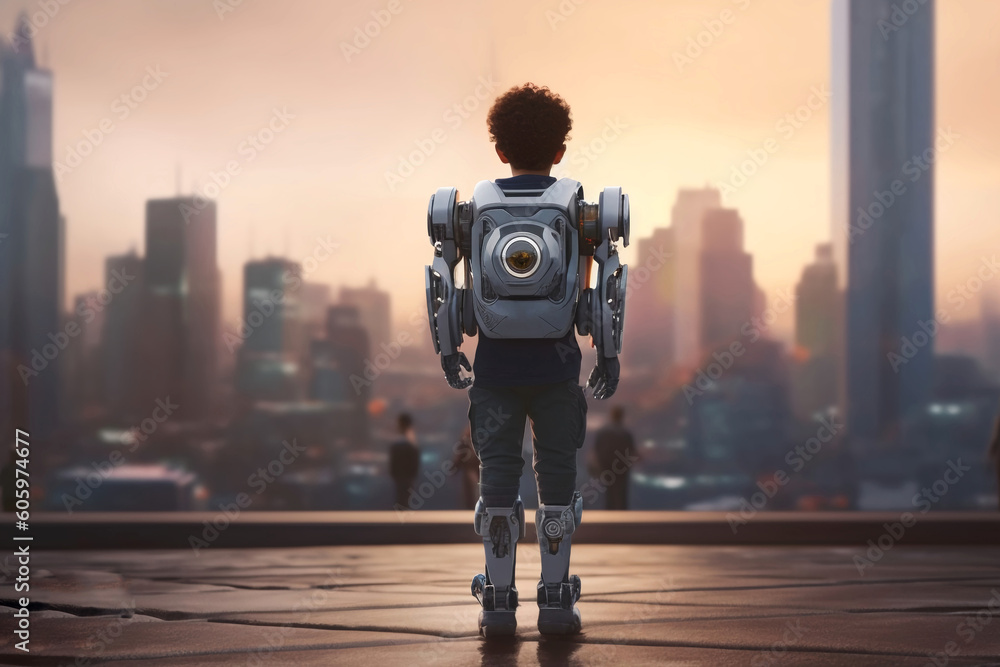 Artificial Intelligence humanoid robot going in the fitirictic city ...