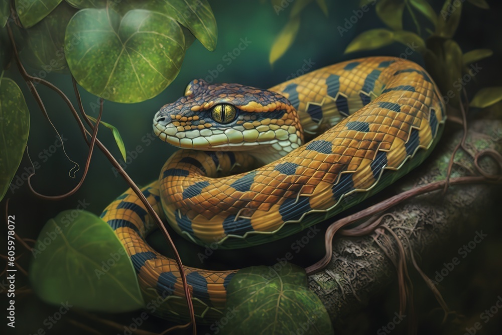 Coiled viper snake on a branch in the jungle, Sumatra, Indonesia ...