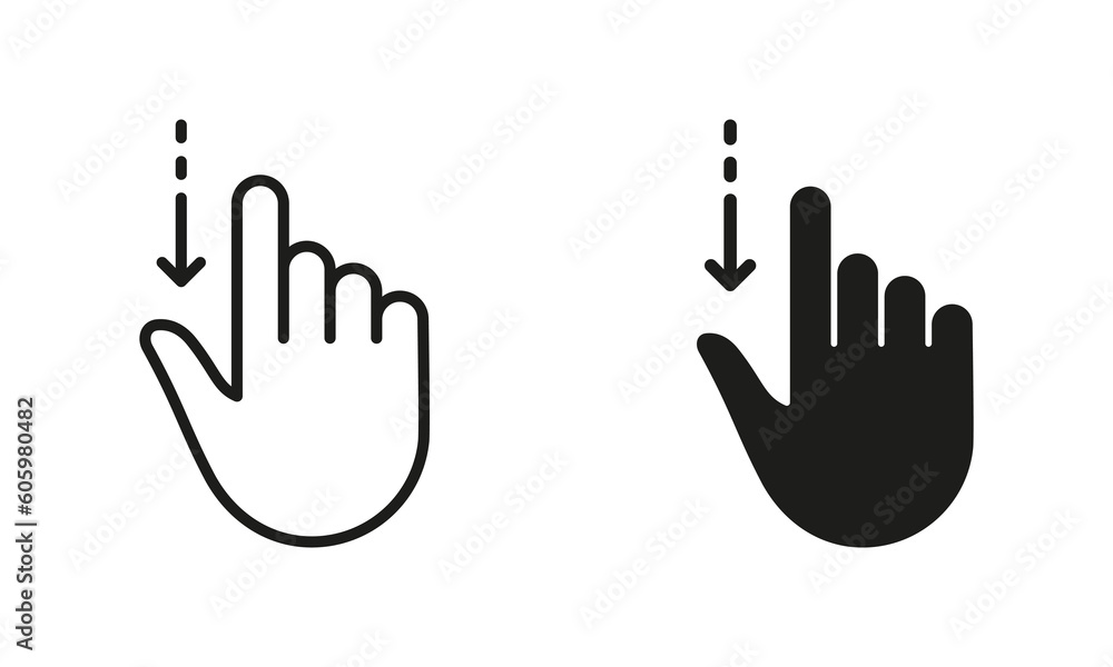 Drag Down, Hand Finger Swipe Line and Silhouette Black Icon Set. Pinch ... Drag Down, Hand Finger Swipe Line and Silhouette Black Icon Set. Pinch ...