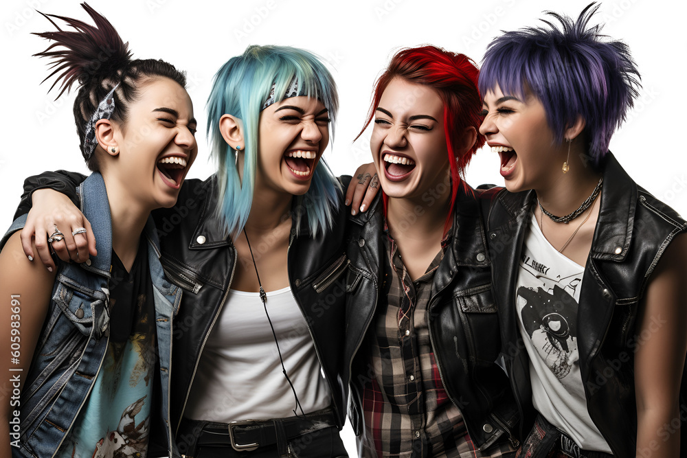 Portrait of a punk girls, Group of young women with chic purple hair ...