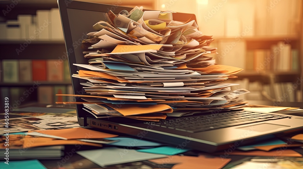 Pile of Paperwork or Unfinished Documents Stack on Laptop Keyboard at ...