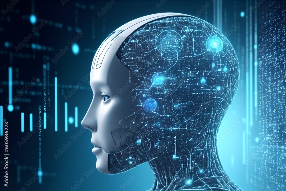 Artificial intelligence. AI. Digital human face AI. Human face made ...