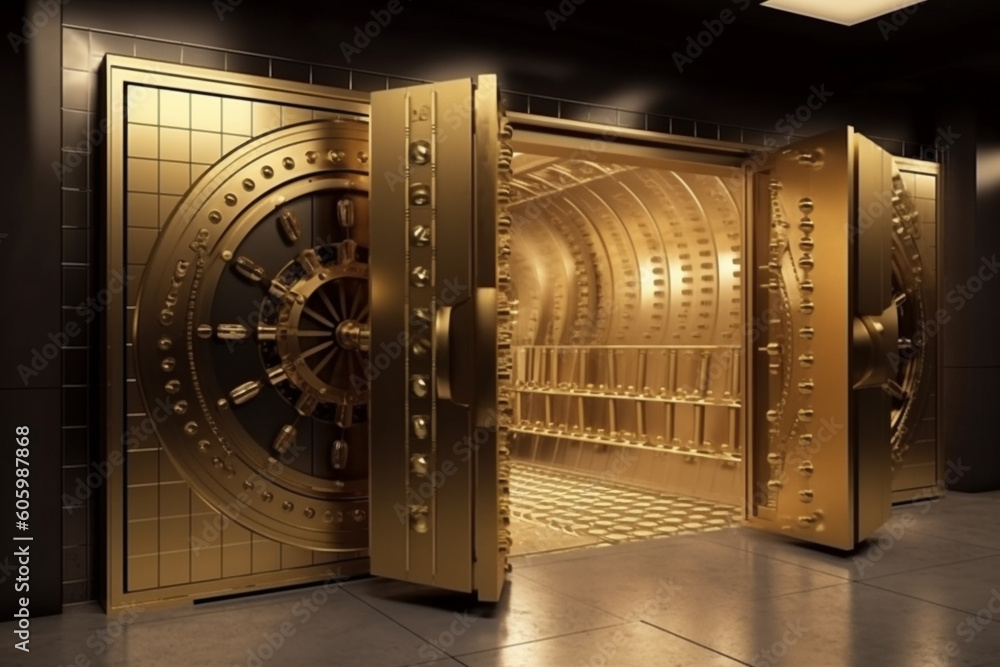 Inside the golden bank vault with open door. Vault for gold, currency ...