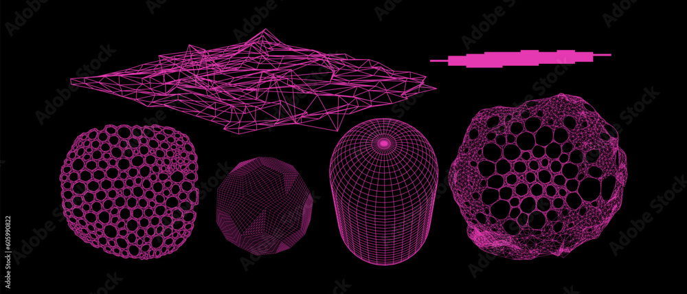 Geometry wireframe shapes and grids. Abstract, cyberpunk, 3D elements, backgrounds, patterns in ...