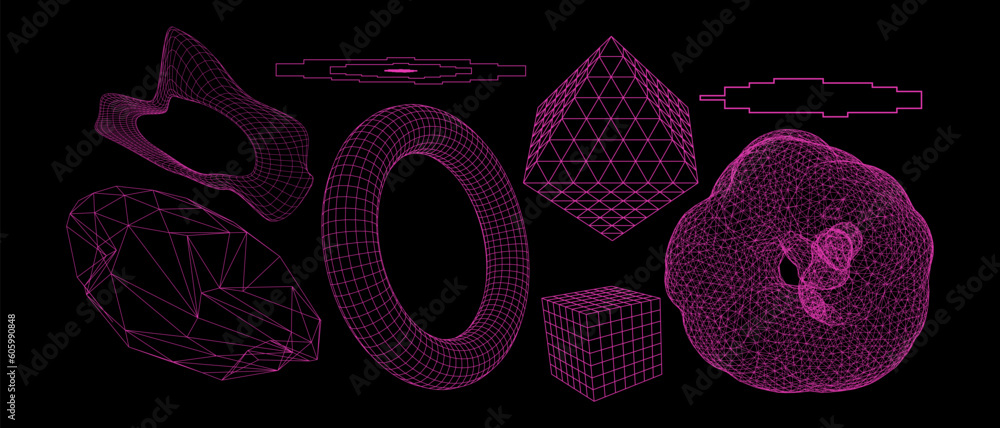 Geometry wireframe shapes and grids. Abstract, cyberpunk, 3D elements, backgrounds, patterns in ...