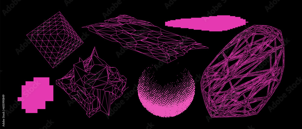 Geometry wireframe shapes and grids. Abstract, cyberpunk, 3D elements, backgrounds, patterns in ...