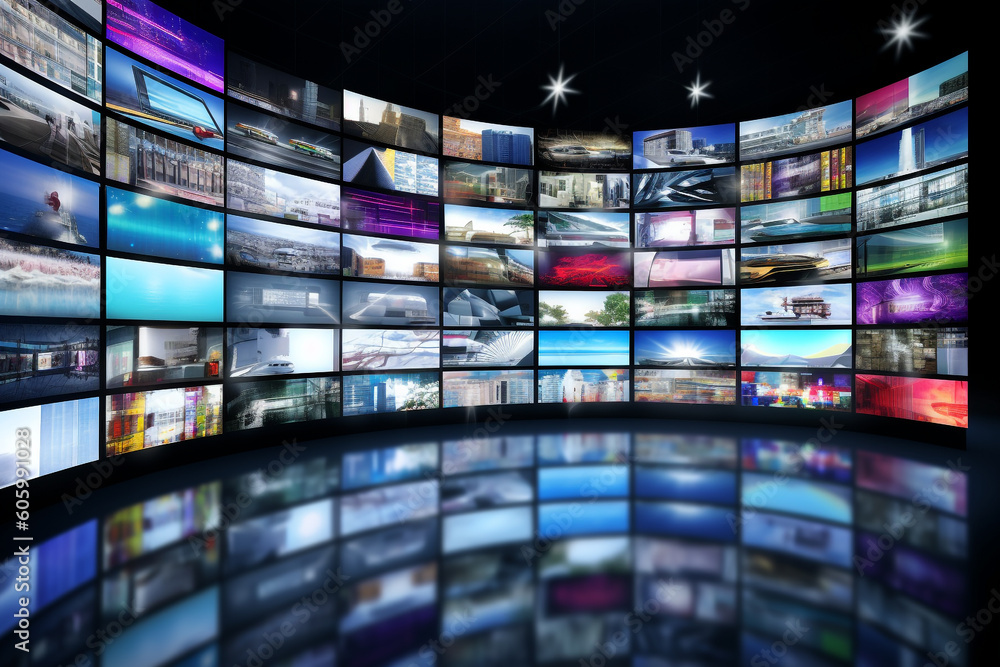 Smart TV and digital media wall of screens background with copy space ...