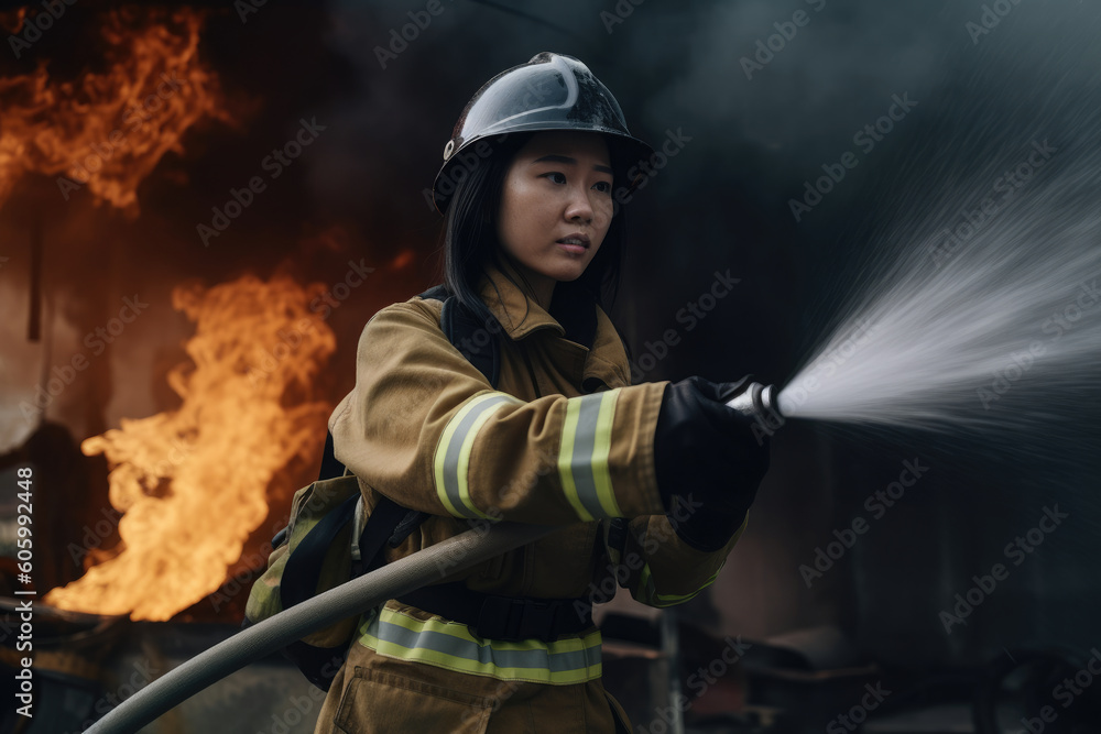 Female asian firefighter extinguishing a fire. Generative AI. Stock ...