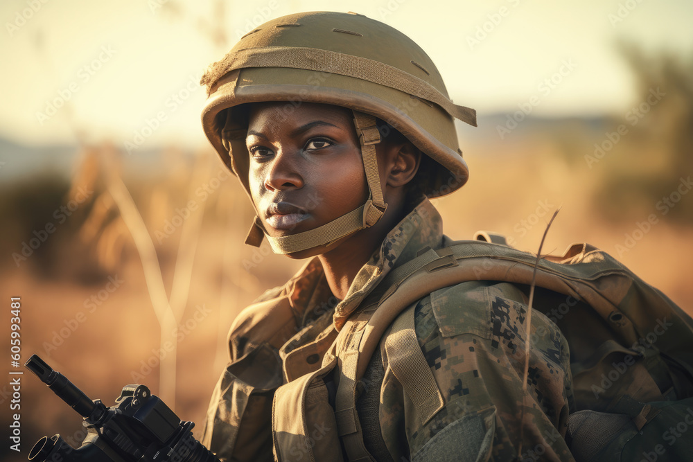 African female soldier at the battlefield. Generative AI. Stock ...