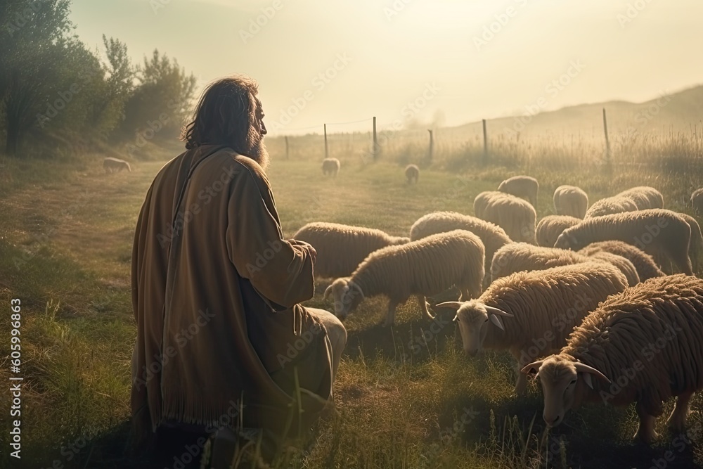 Shepherd leading the sheep Stock Illustration | Adobe Stock