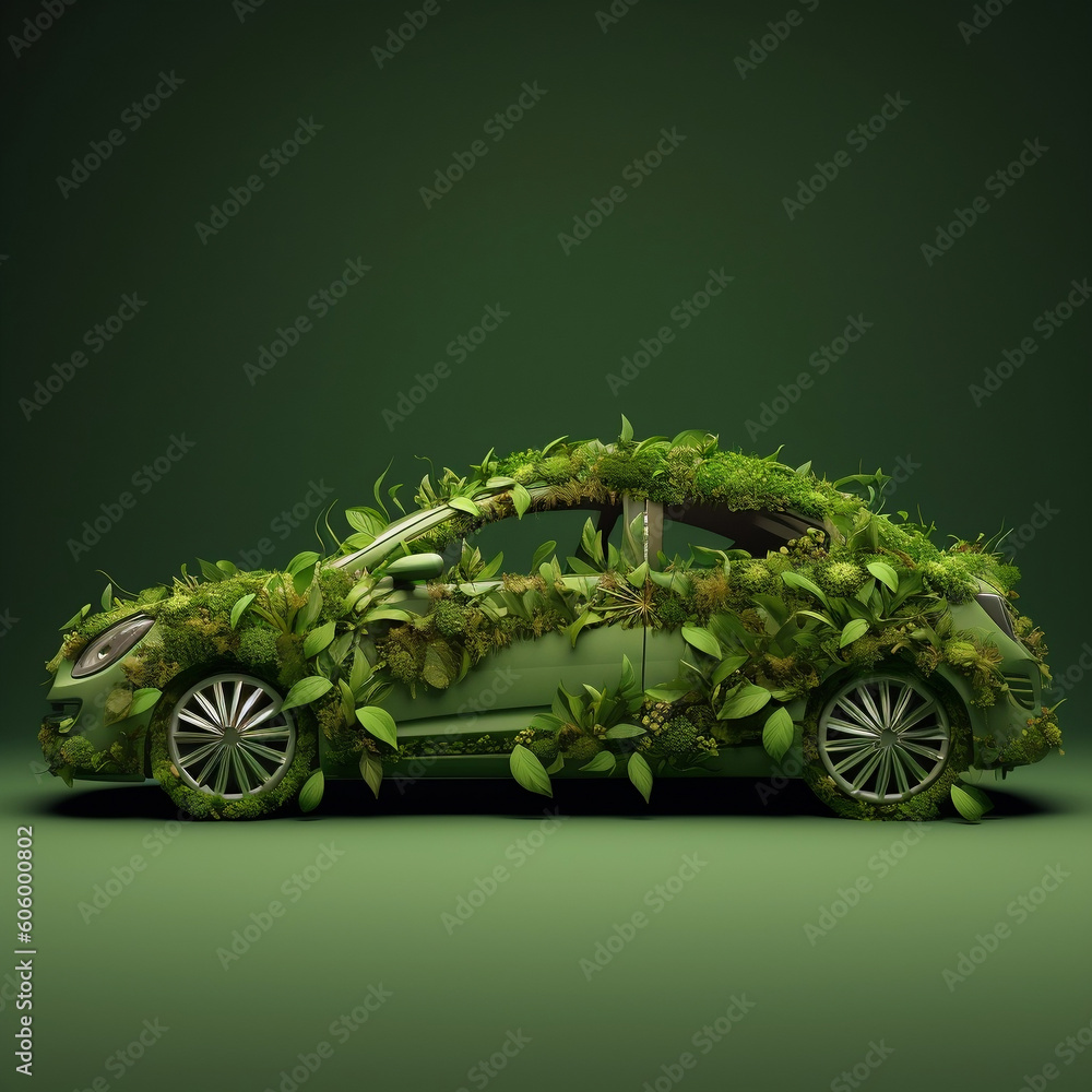 Car covered with green leaf tendril. Concept of eco-friendly car ...