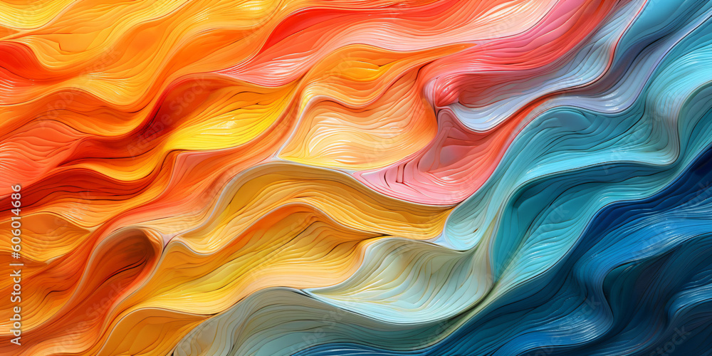 abstract flow of colors in yellow, orange, red and blue in waves design ...