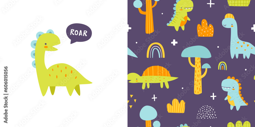 Cute jurassic pattern set with dino and plants. Seamless vector print ...
