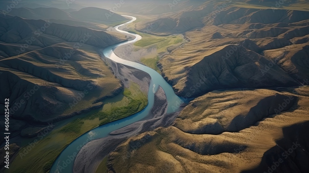 From above, witness the mesmerizing sight of a meandering river as it ...