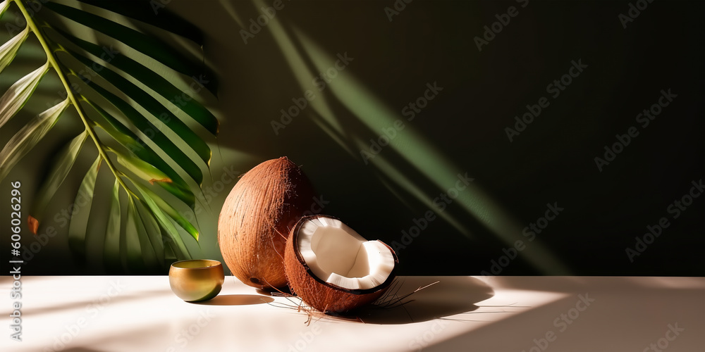 Coconut background.Cosmetic, spa, resort template. Empty room with ...