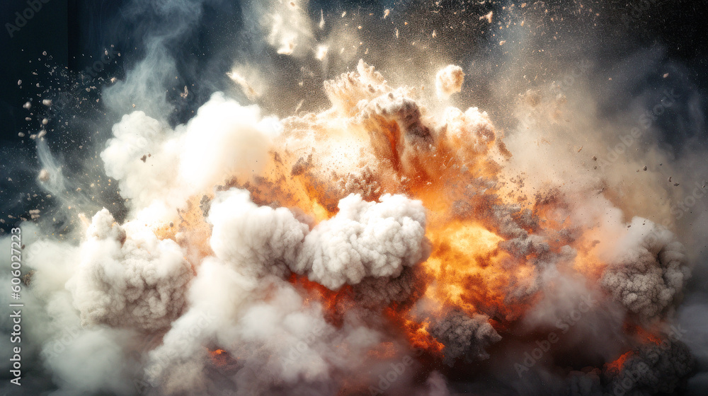 In a secluded testing area, a sudden explosion erupts. Fire and smoke ...