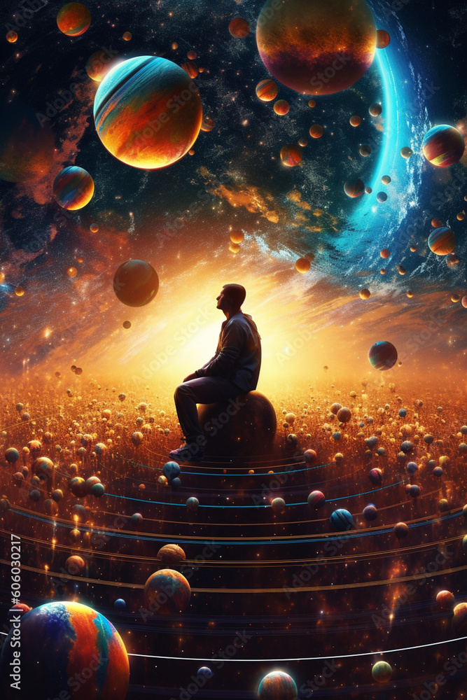 An illustration of a person sitting on a planet, surrounded by ...