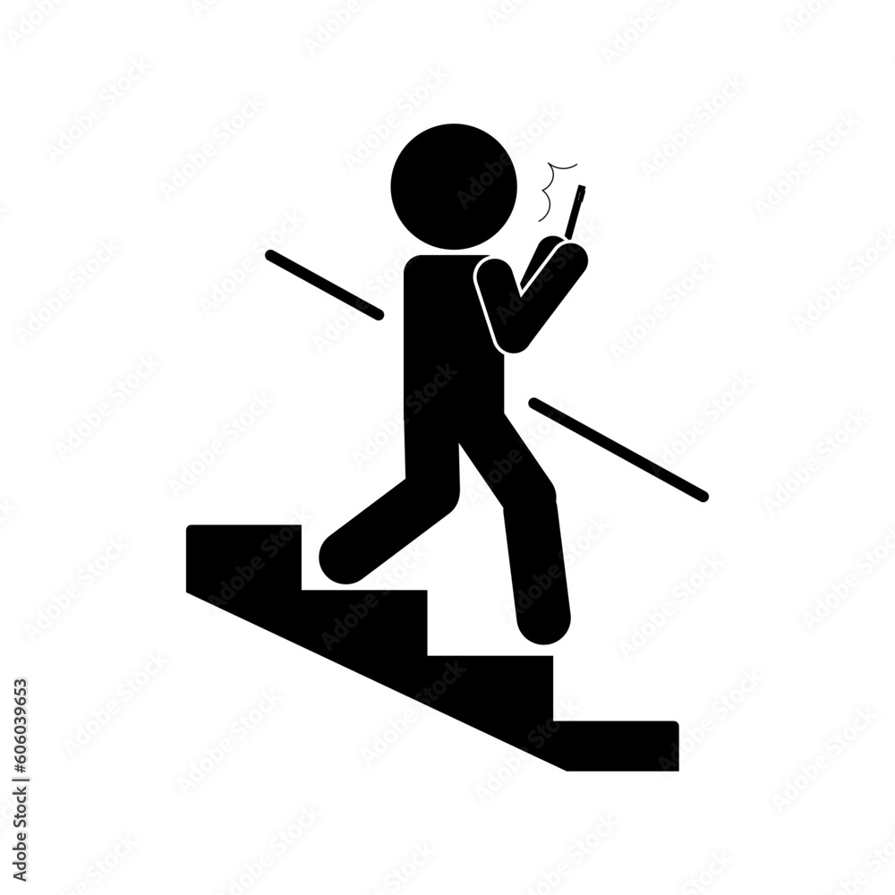 Isolated illustration of man stick figure walking down stair with hold ...