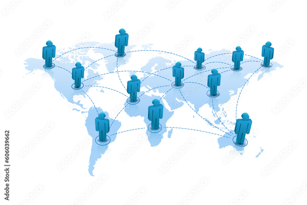 3d group of people standing on World Map Communication, Global ...