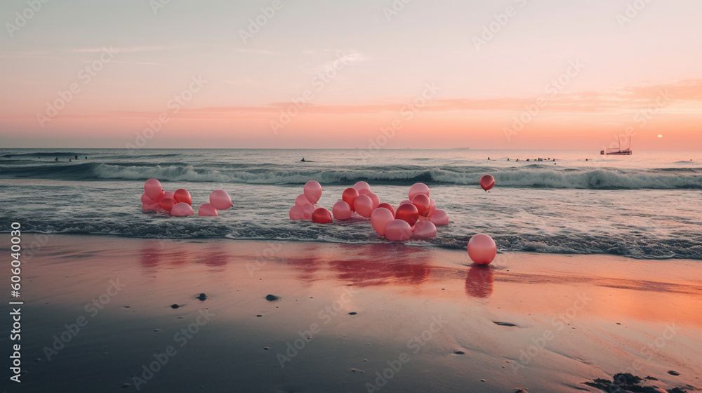 pink balloons on the ocean at sunset, environmental hazard water ...