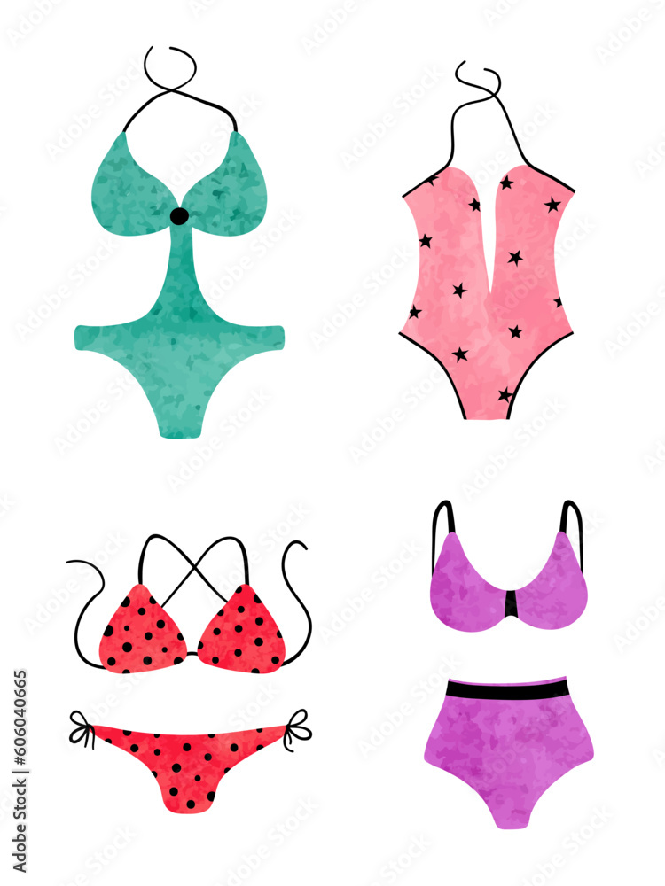 Set of woman beach clothes. Hand drawn watercolor swimsuit, bikini ...
