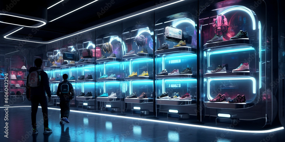Futuristic sneaker shoe store with bright neon lights, design and ...
