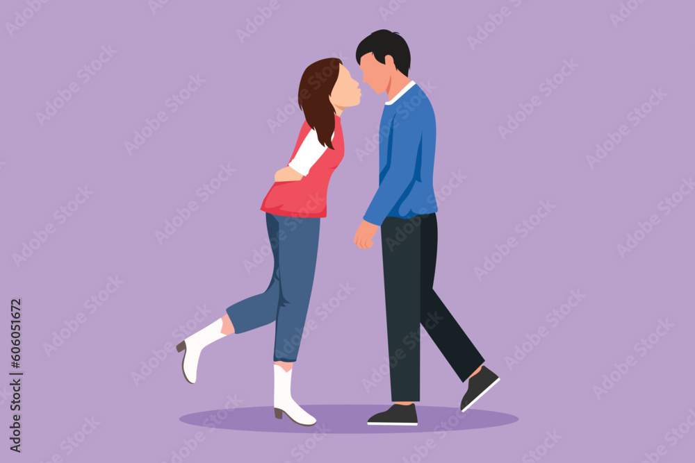 Graphic flat design drawing cute boy and girl standing and kissing each ...