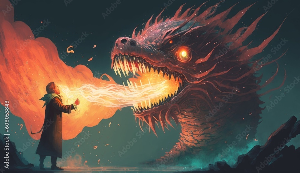 wizard summoning giant fish creature with fire magic, digital art style ...