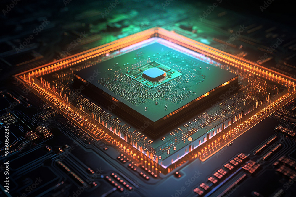 Generative AI illustration of a processor unit with illuminated main ...