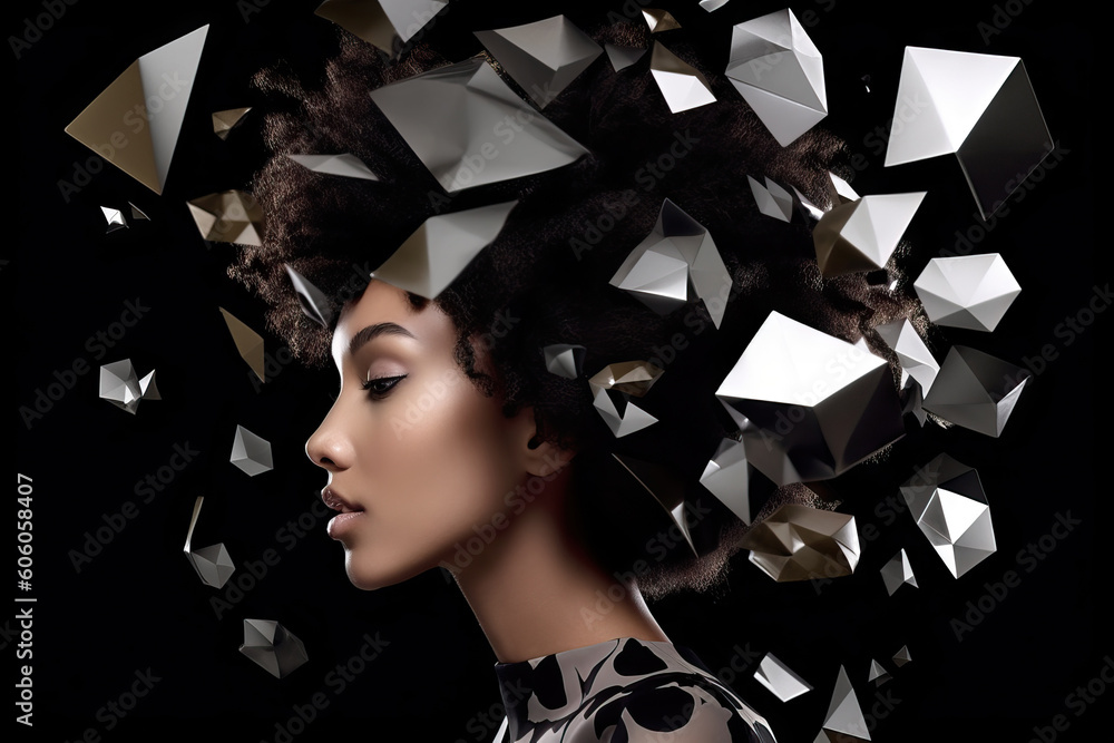 Generative AI illustration side view of female model with bright makeup ...