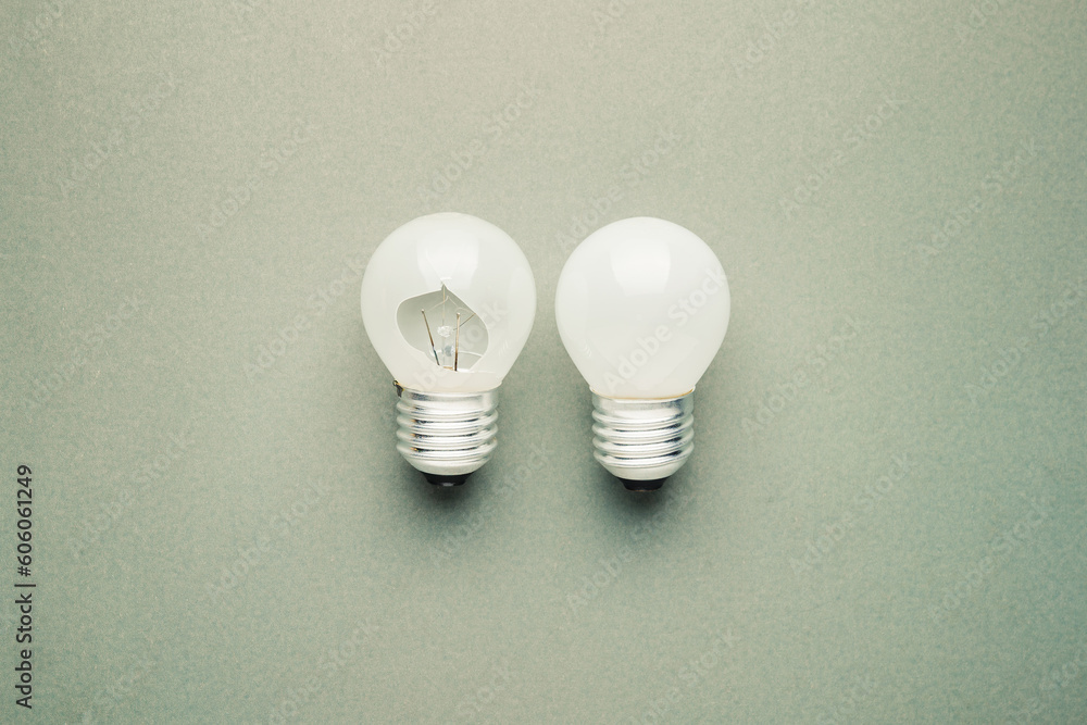 Broken and perfect small light bulb comparison, fail and success, bad ...
