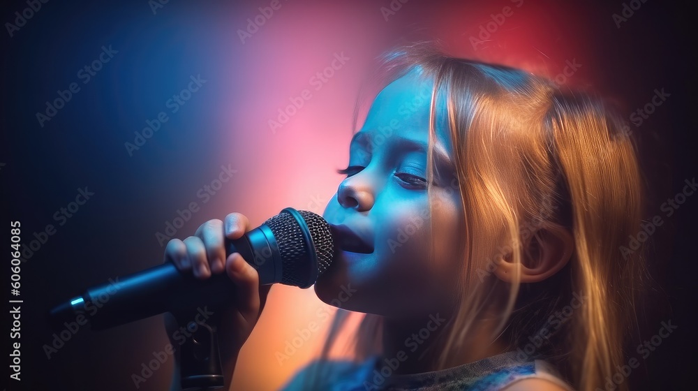 Little singer girl sing song to microphone on stage, attractive singer ...