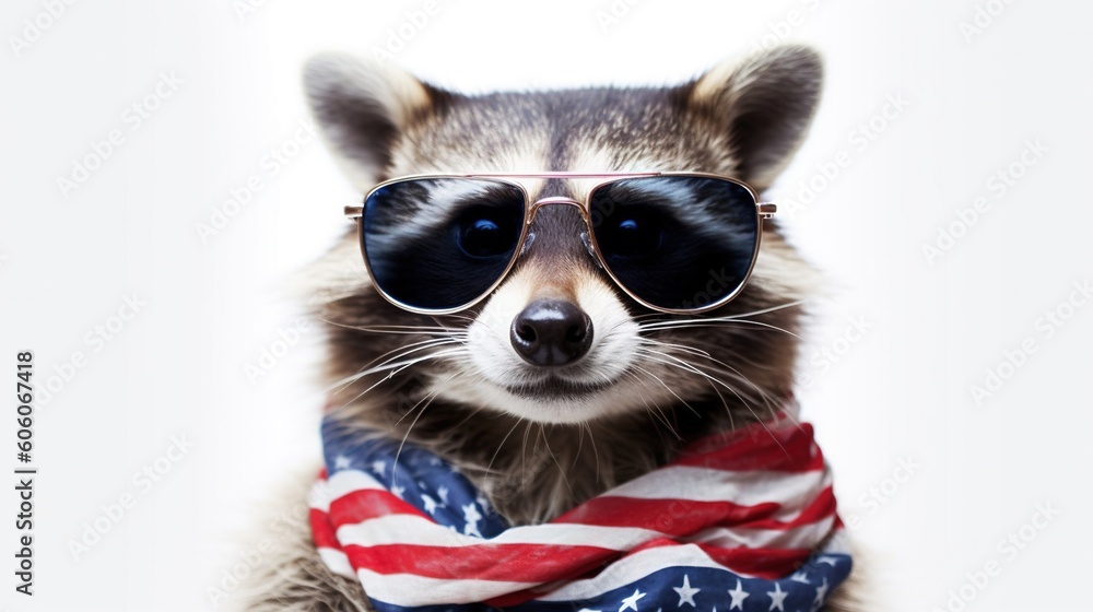 a raccoon wearing sunglasses and an american flag bandanna around its ...