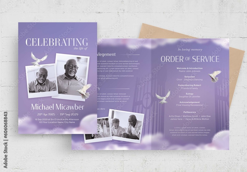 Purple Funeral Program Layout Stock Template | Adobe Stock
