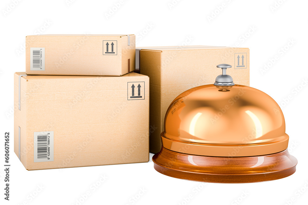 Shipping and logistics concept. Three parcels with reception bell. 3D ...