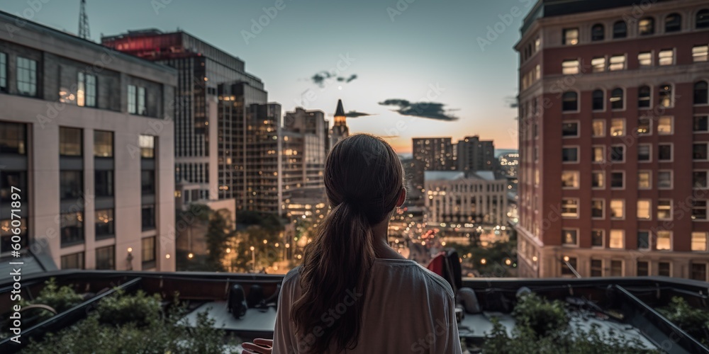 Person gazing at an open-air film screening, where a city building ...