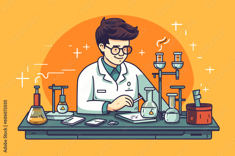 Doodle inspired Biologist at laboratory, cartoon sticker, sketch ...