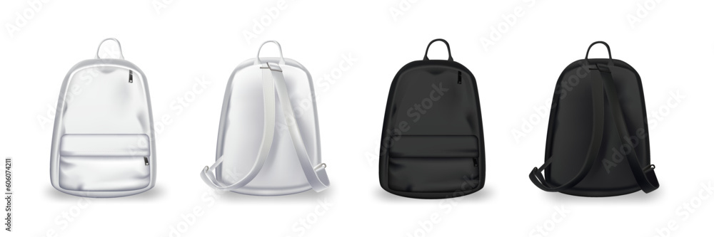 Black and white backpack design front and back view set. College or ...