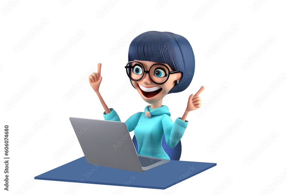 3d icon happy young cartoon woman sitting at her workplace threw up her ...