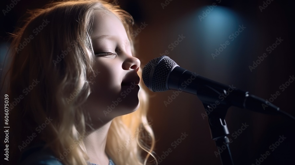 Little singer girl sing song to microphone on stage, attractive singer ...