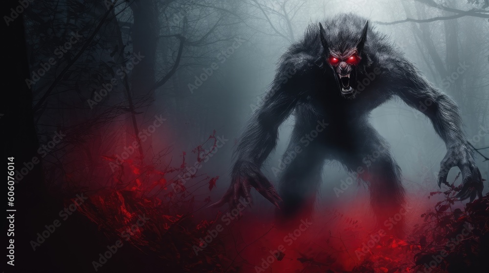 Sinister werewolf with red eyes in gloomy night forest shrouded in mist ...