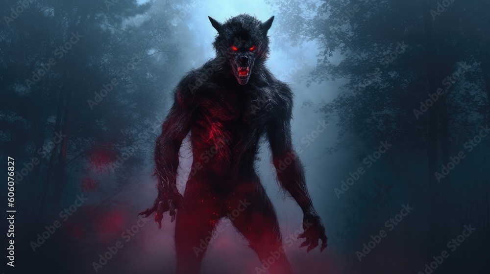 Sinister werewolf with red eyes in gloomy night forest shrouded in mist ...
