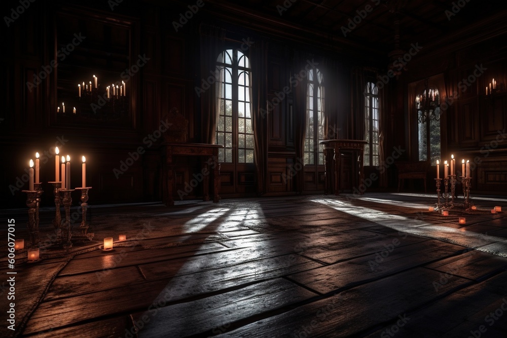 a dark room with candles lit up in the middle of the floor and a large ...