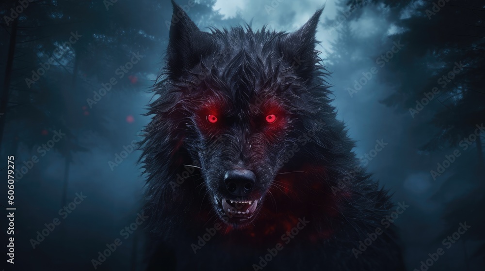 Sinister wolf shifter with red eyes in gloomy night forest shrouded in ...