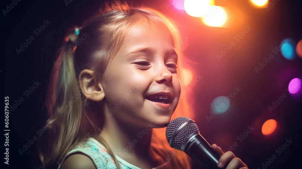 Little singer girl sing song to microphone on stage, attractive singer ...