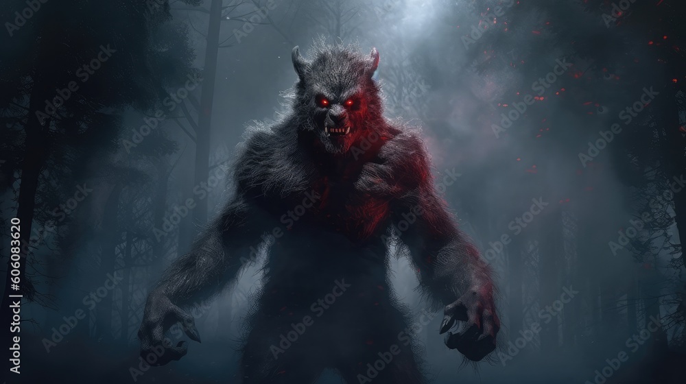 Sinister werewolf with red eyes in gloomy night forest shrouded in mist ...