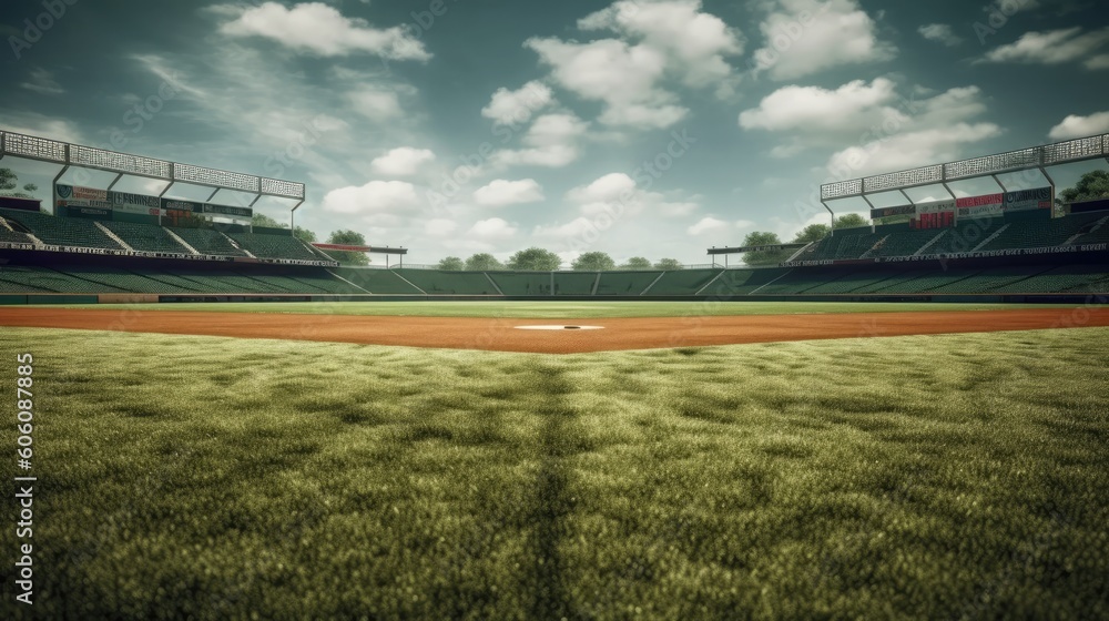 Visualize a game-ready green field, poised at midfield in a baseball ...