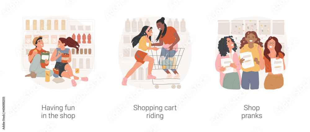 Fun in a grocery store isolated cartoon vector illustration set. Having ...
