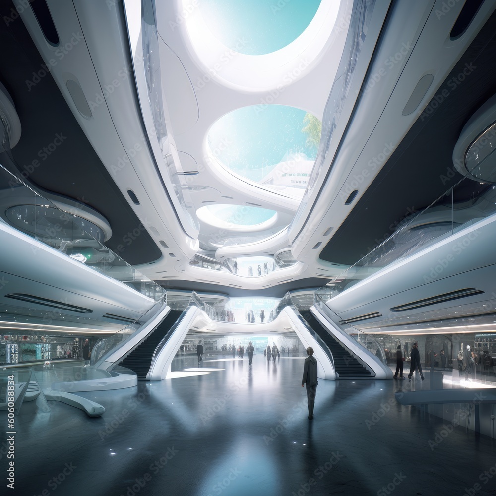 Picture a design concept of a future-forward shopping mall, seamlessly ...