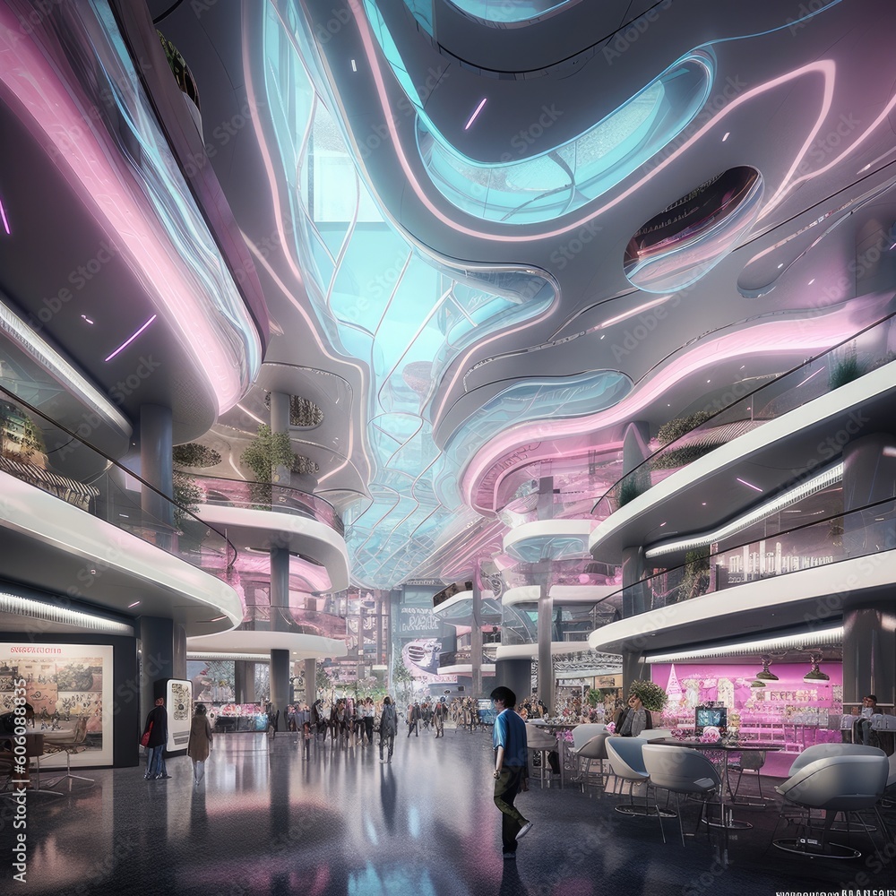 Experience a design concept of a futuristic shopping mall interior, a ...